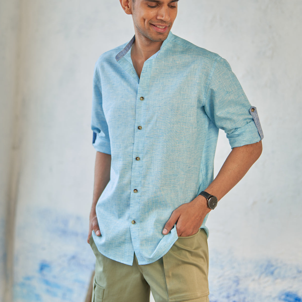 Effortless Cool: Cool Blue Stand-Up Collar Shirt for Stylish Days" – Canoopi