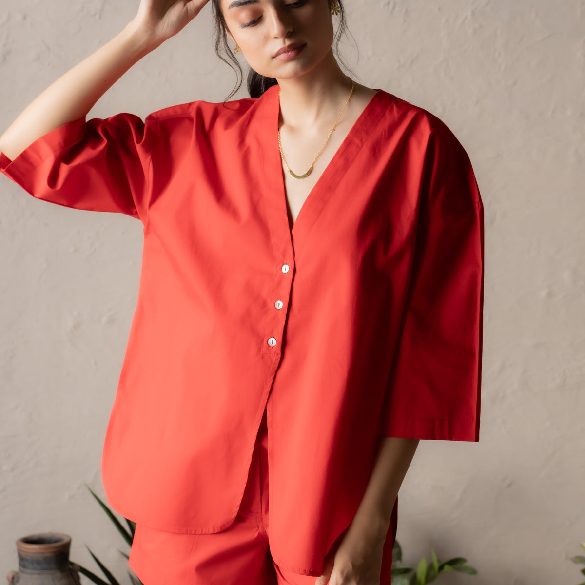 Firelight Unbound Shirt – Relaxed Collarless V-Neck Top – Canoopi