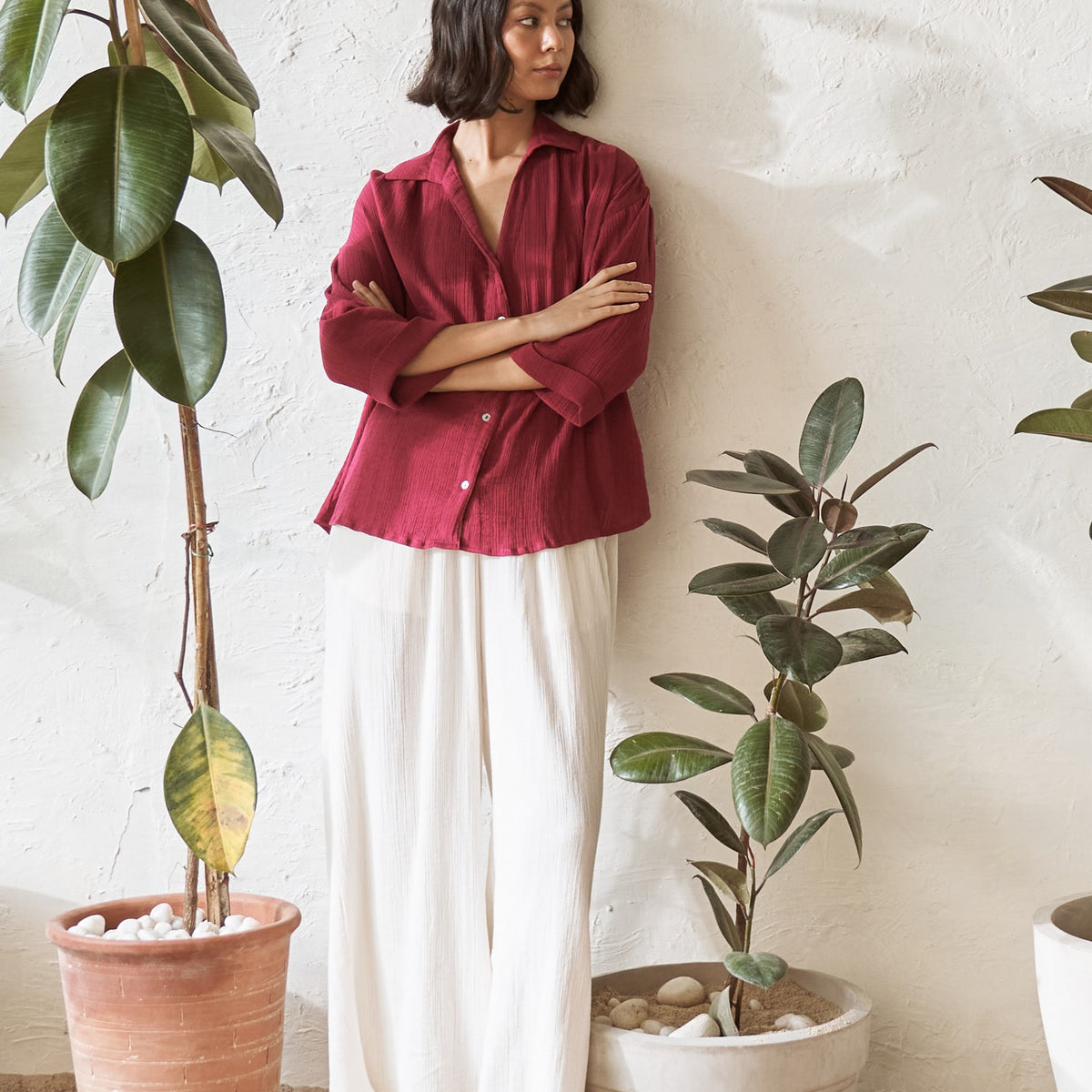 Crimson Shirt and Flared Pants Ensemble | Chic Comfort with Natural Crinkle Fabric – Canoopi