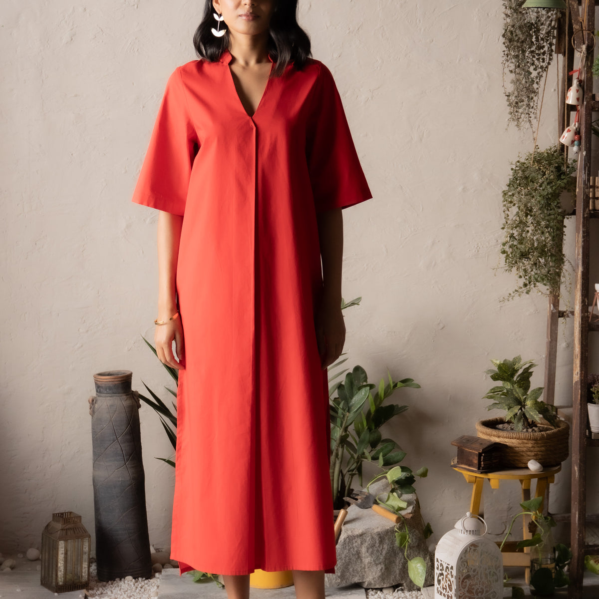 Mistral Dress: Effortless Red Dress with Front Pleats and Pockets – Canoopi