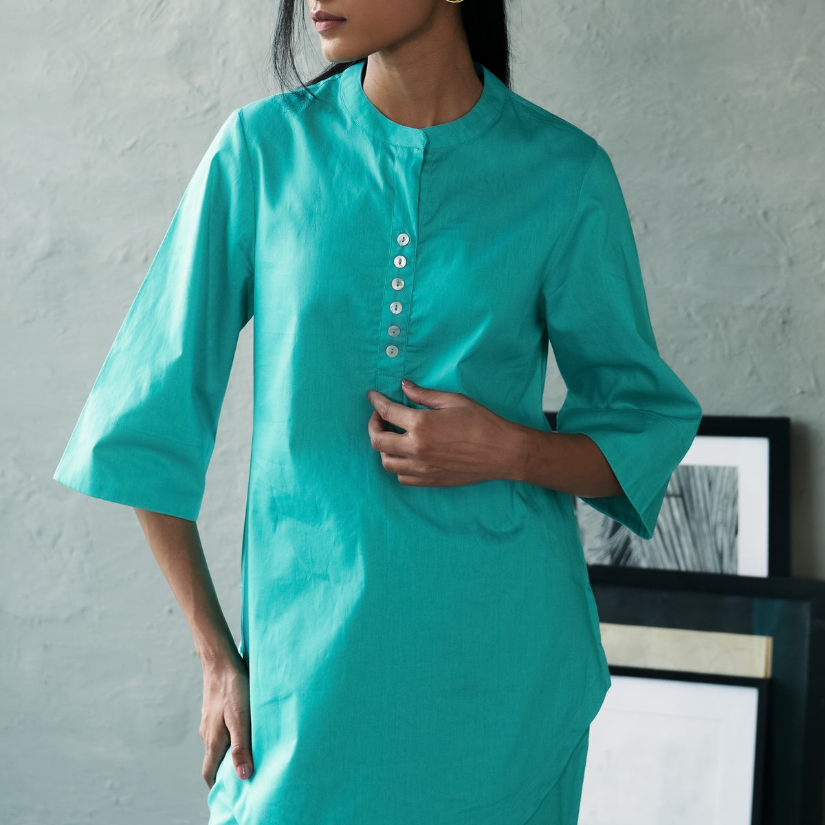 Citrus Piazza Set in Firozi | Mandarin Collar Co-ord Set – Canoopi