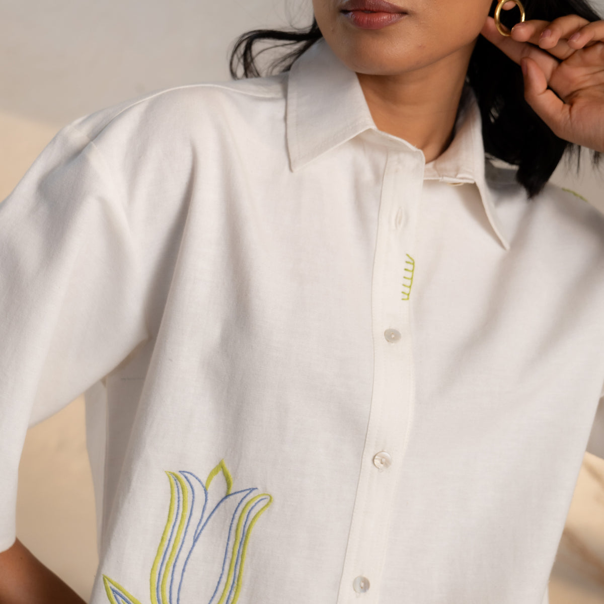 Tulip Tides Embroidered Crop Shirt – Elegant Casual Wear – Canoopi