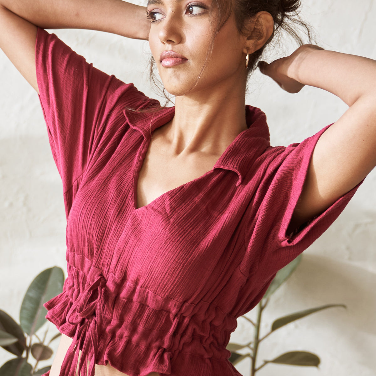 Vibrant Crimson Drawstring Crop Top in Lightweight Fabric | Canoopi